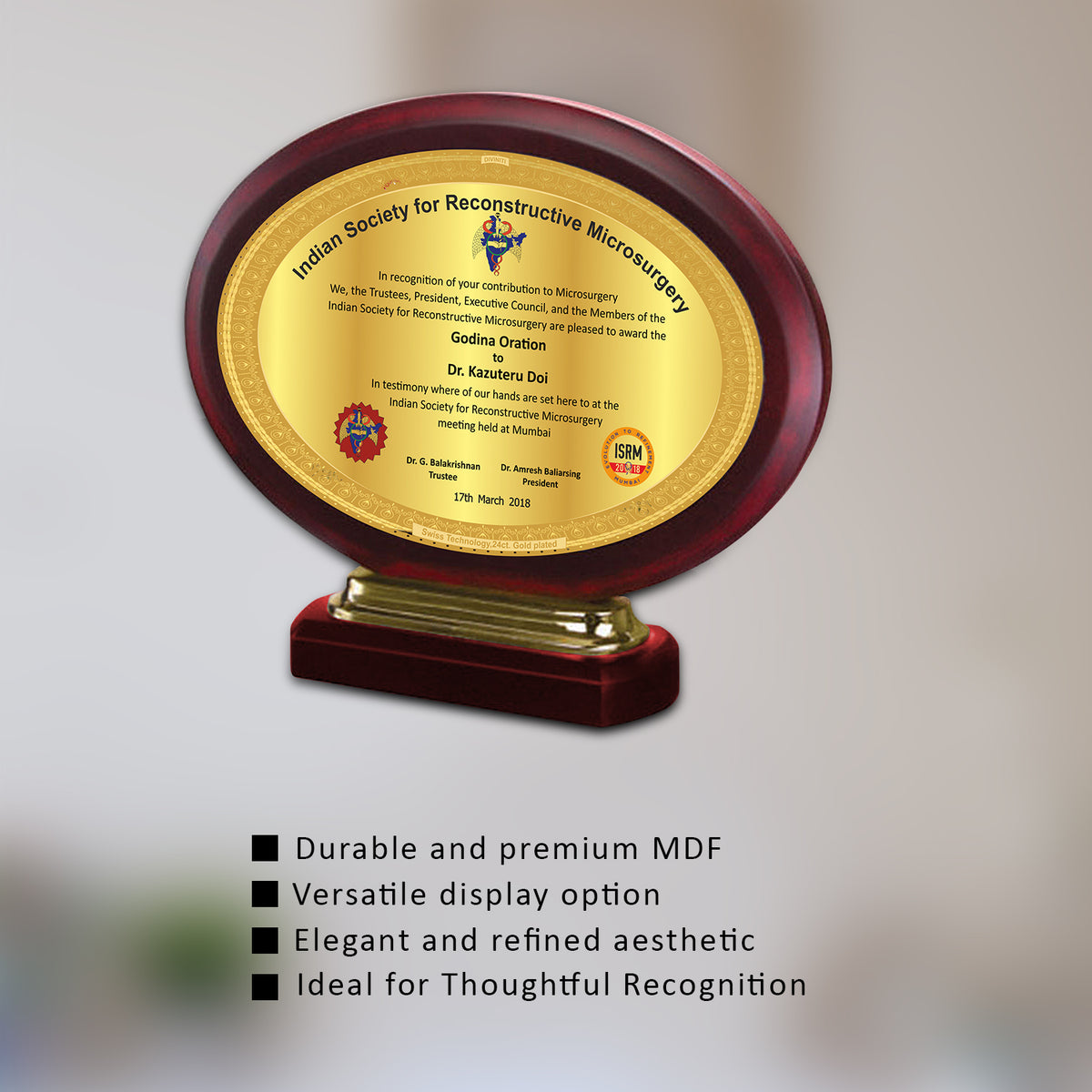 Customized MDF Memento With Matter Printed on 24K Gold Plated Foil For