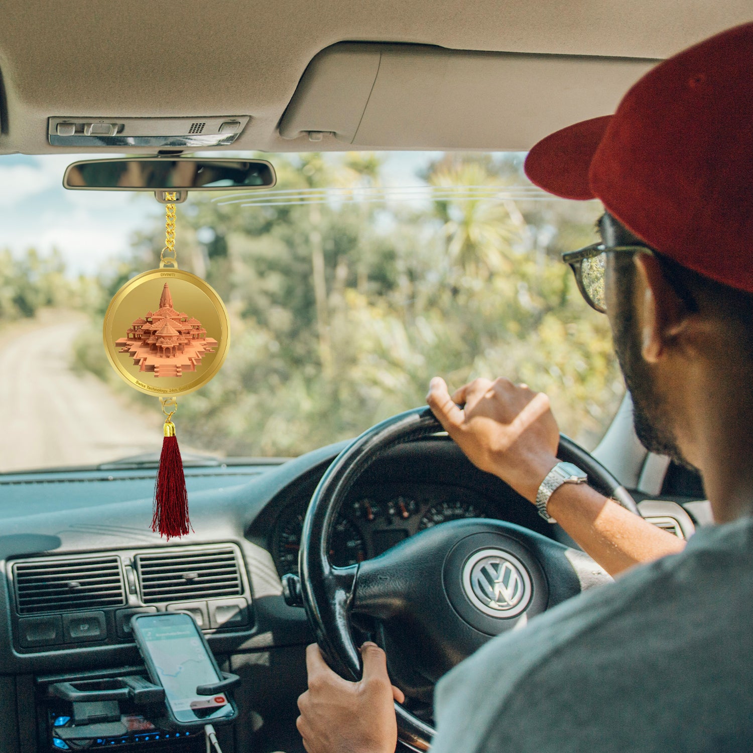 Diviniti 24K Gold Plated Double Sided Ram Lalla & Ram Mandir Car Dangl