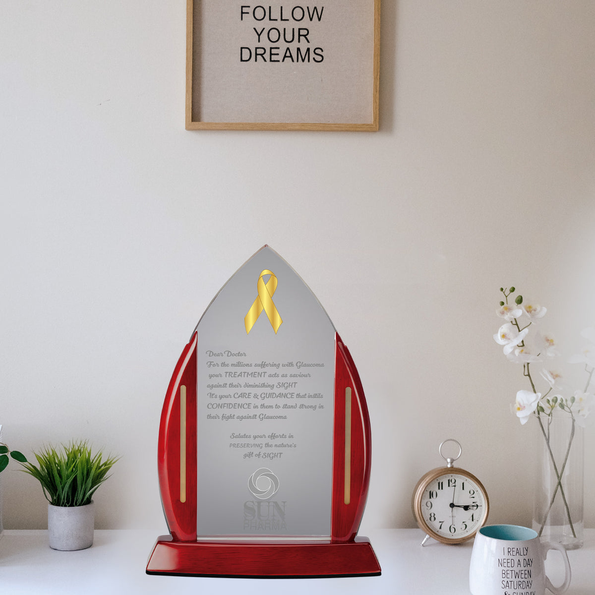 Customized MDF Trophy with Matter Printed On 24K Gold Plated Foil For