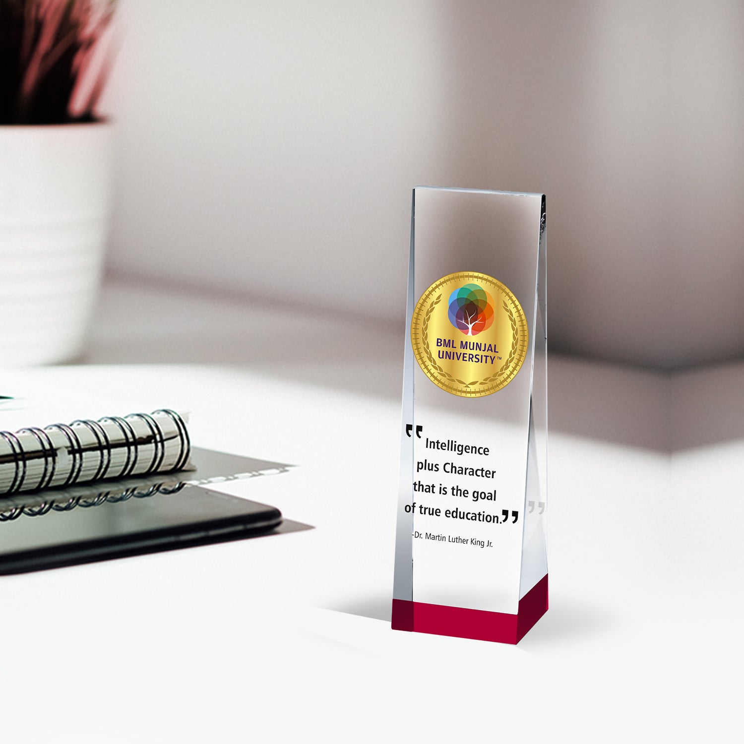 Customized Acrylic Trophy with Matter Printed on 24K Gold Plated Logo