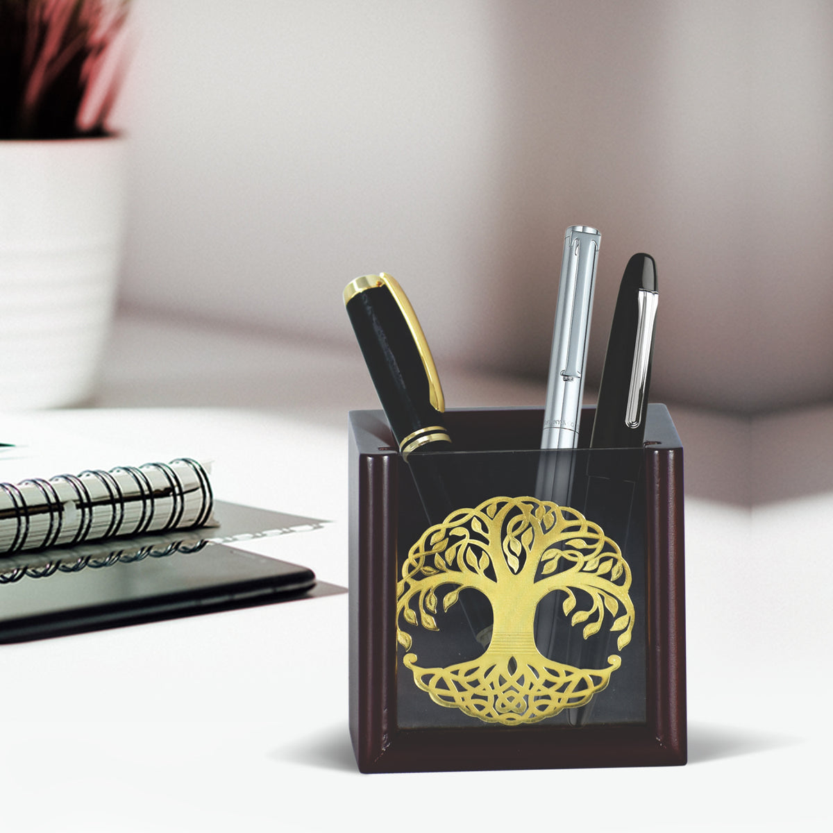Customized MDF Pen Holder with 24K Gold Plated Designer Tree Frame For
