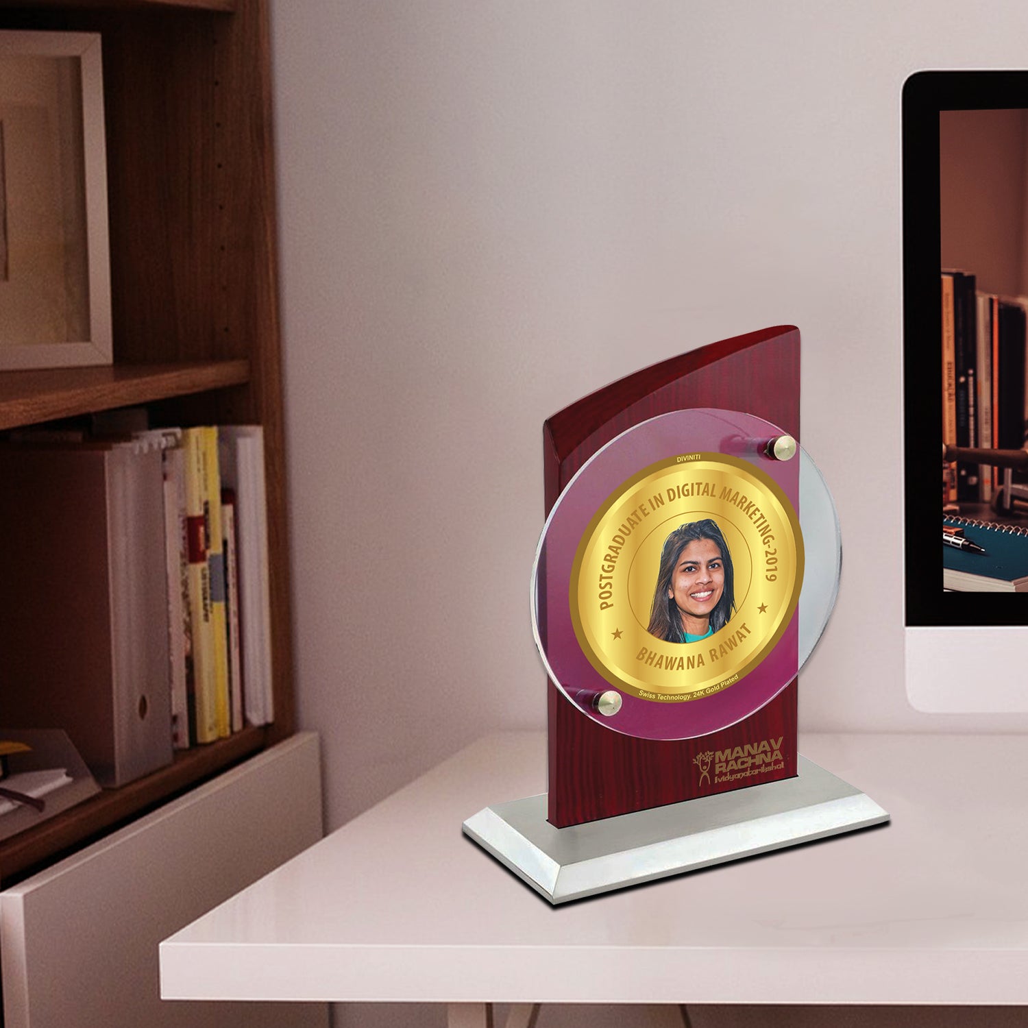 Customized MDF Trophy with Matter Printed On 24K Gold Plated Foil For