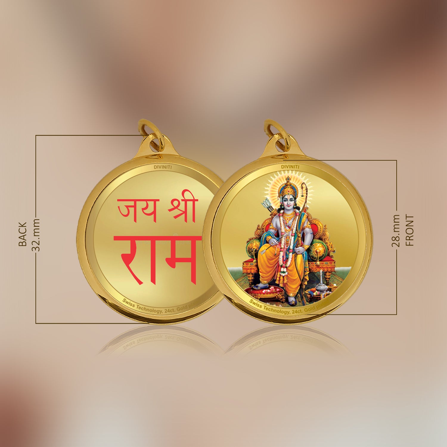 Diviniti 24K Gold Plated Ram Ji & Jai Shri Ram 28MM Double Sided Penda