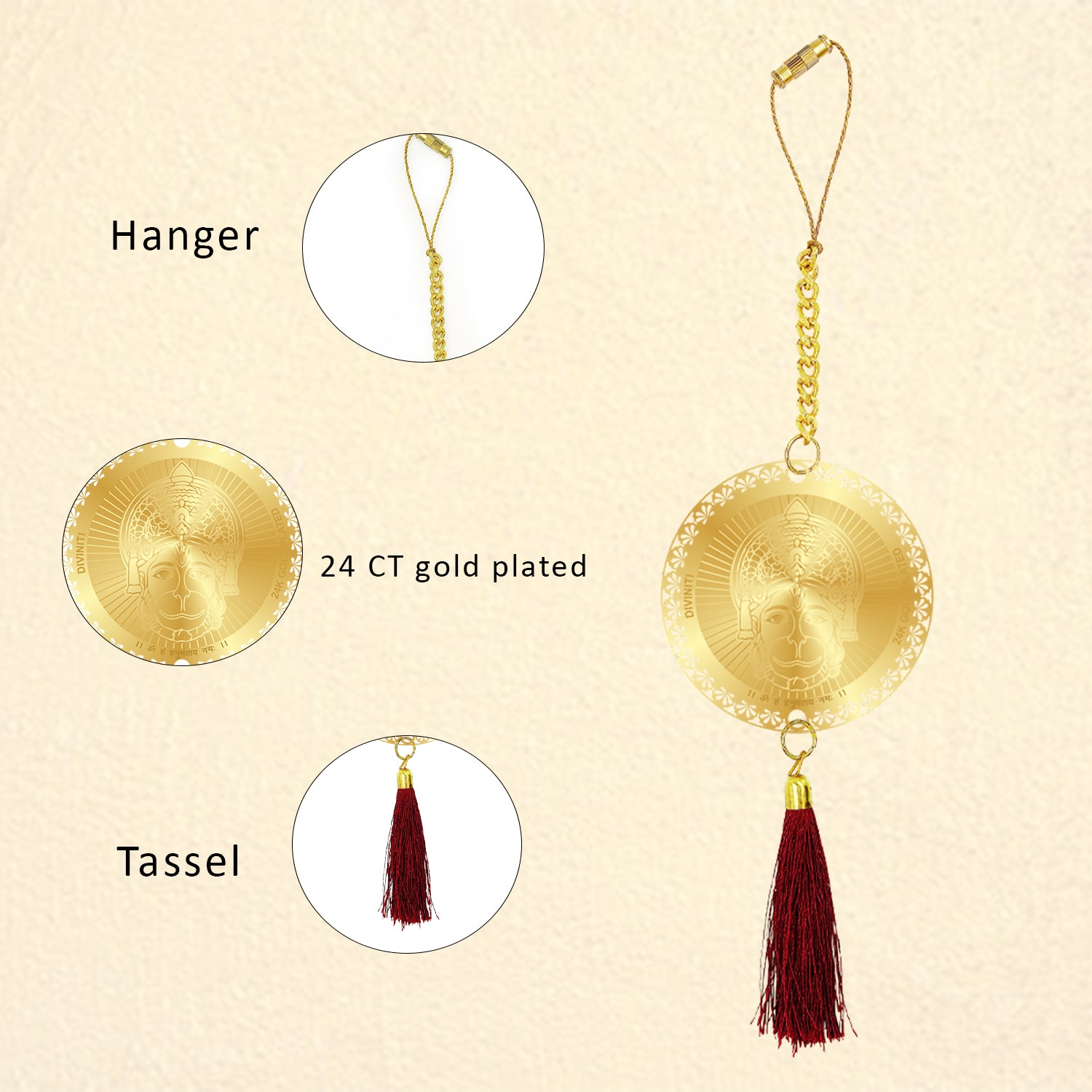 Diviniti 24K Gold Plated Double Sided Hanuman & Yantra Car Dangler|6CM